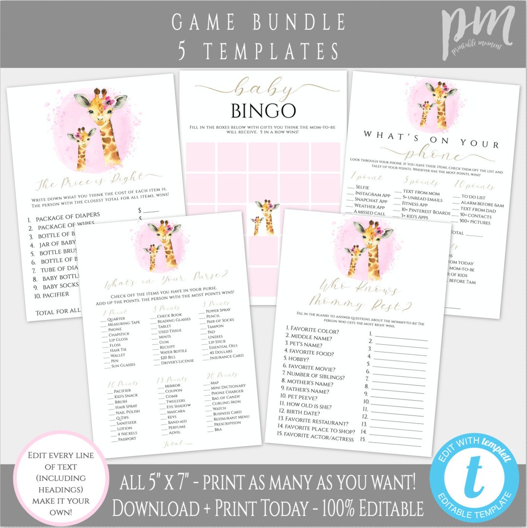 Pink Giraffe Baby Shower Game Bundle Template Set, Giraffe Shower Games ...