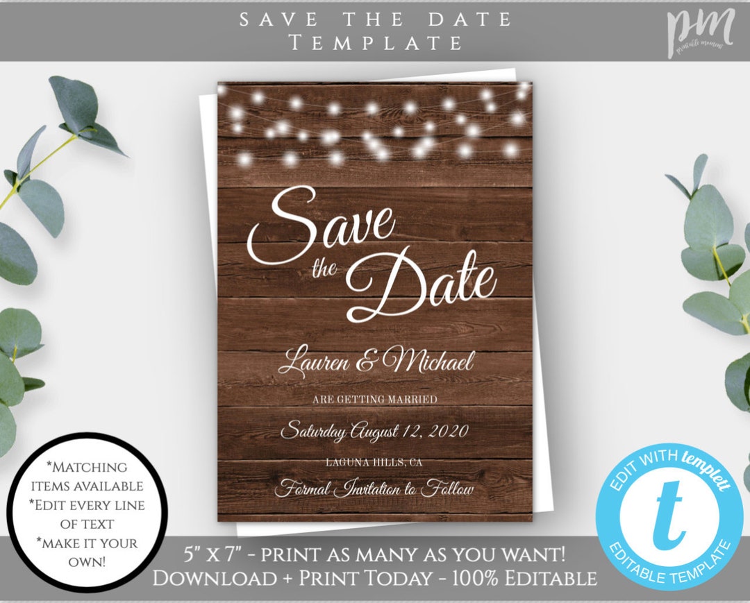 Rustic Save the Date Wedding Template, Instant Download, Rustic Save the Date Card, Printable ...