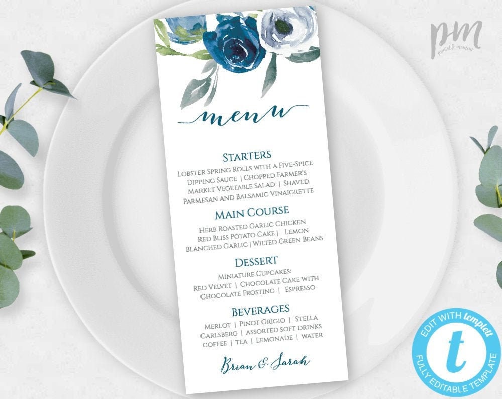 Blue Floral Wedding Menu Template Printable Navy Floral Menu | Etsy