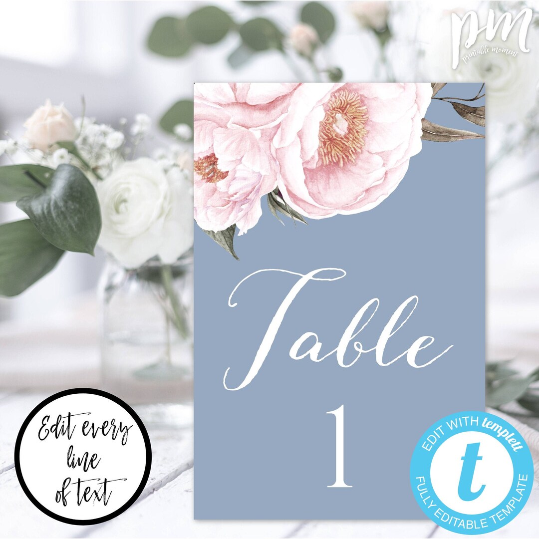 Dusty Blue & Blush Floral Table Number Template for Wedding, Edit ...