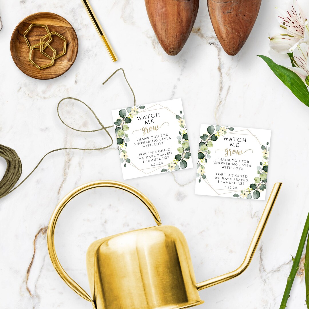 Greenery Favor Tag Watch Me Grow Template, Gold Geometric Tag ...