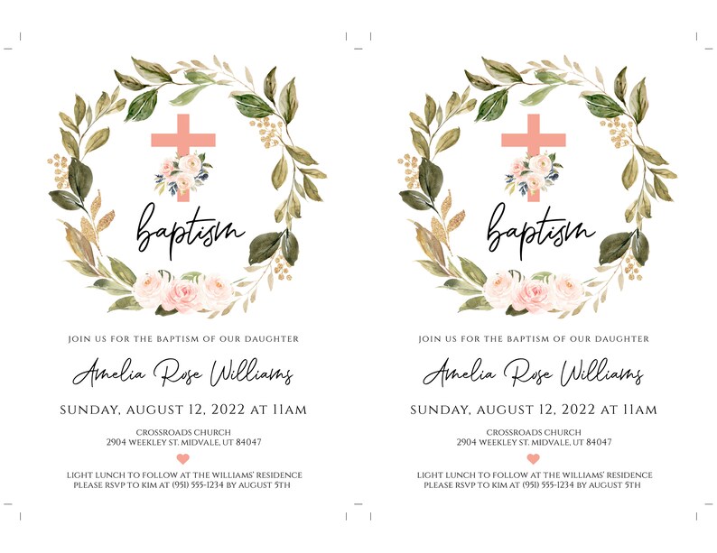 Editable Pink Baptism Invitation Template for Girl, Greenery Baptism ...