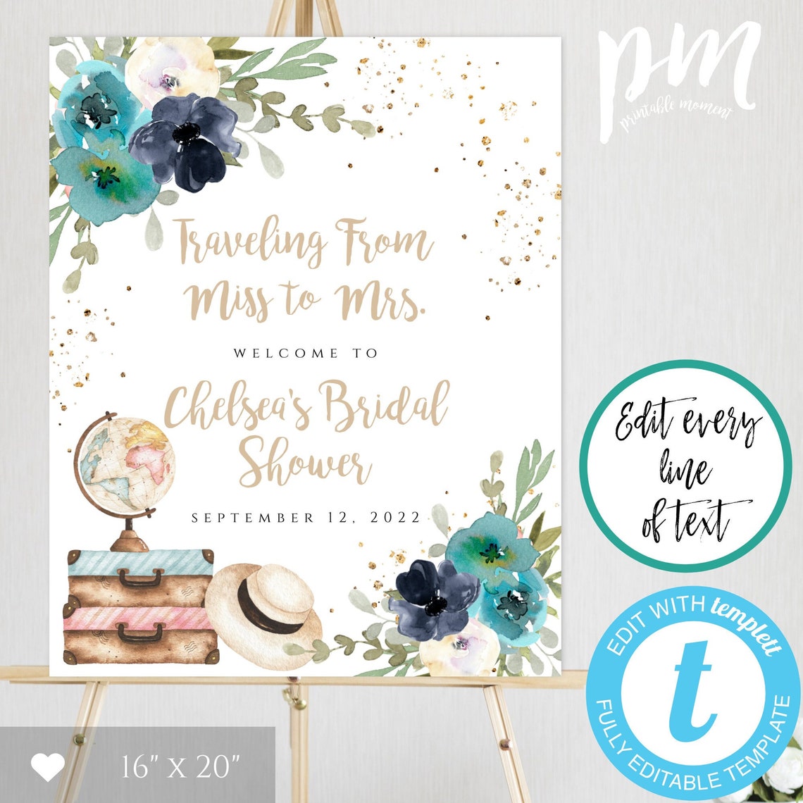 Traveling From Miss to Mrs Welcome Sign Template BLUE Floral | Etsy