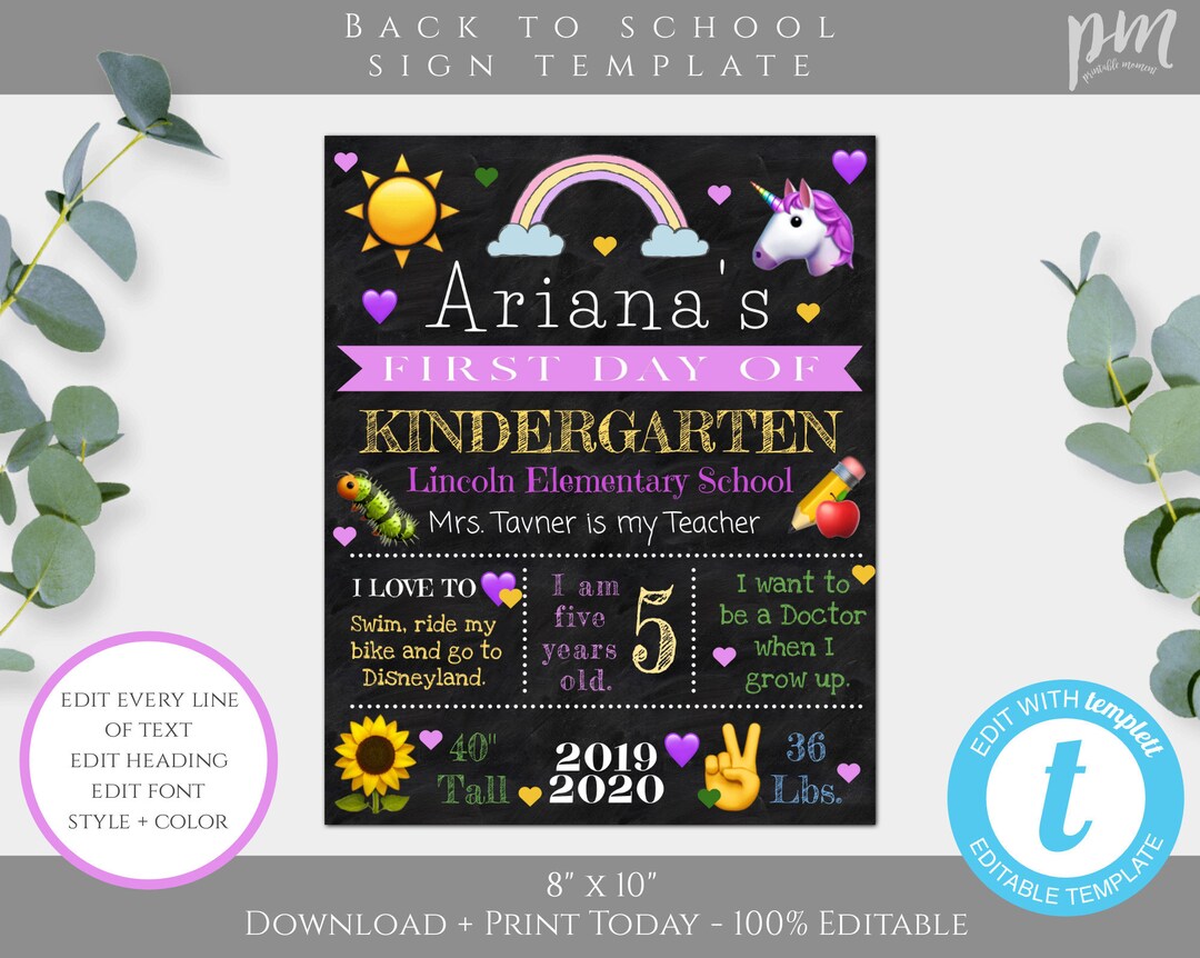 First Day of School Chalkboard Sign Template ANY GRADE Back to School ...