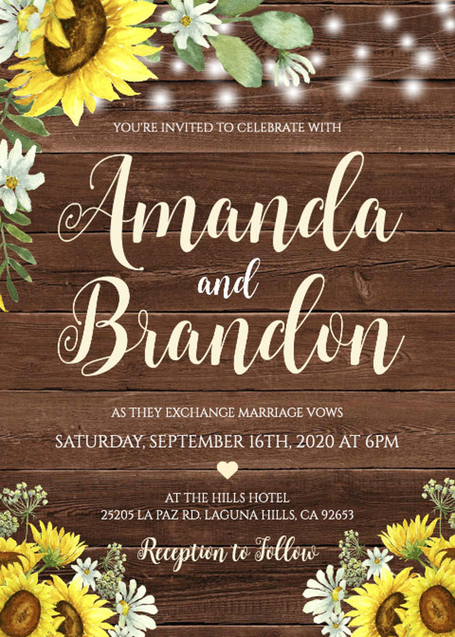 Sunflower Wedding Invitation Template Suite With String Lights, Rustic ...