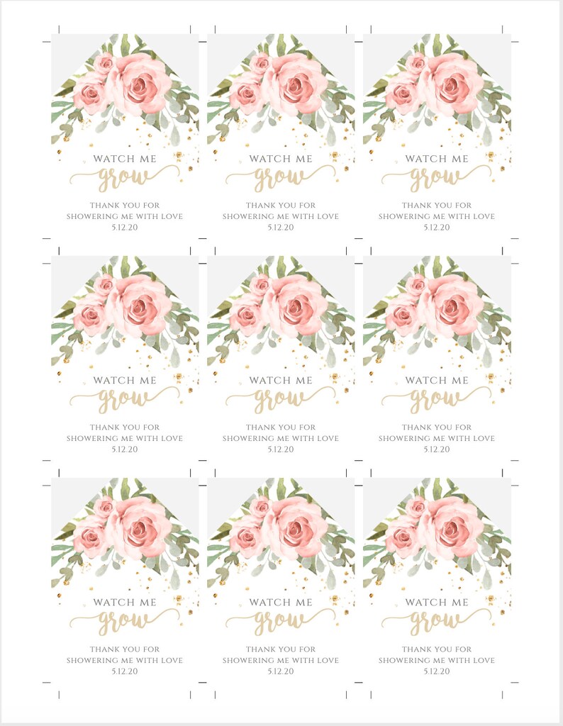 Pink Floral Favor Tag Watch Me Grow Template, Blush Pink Tag ...