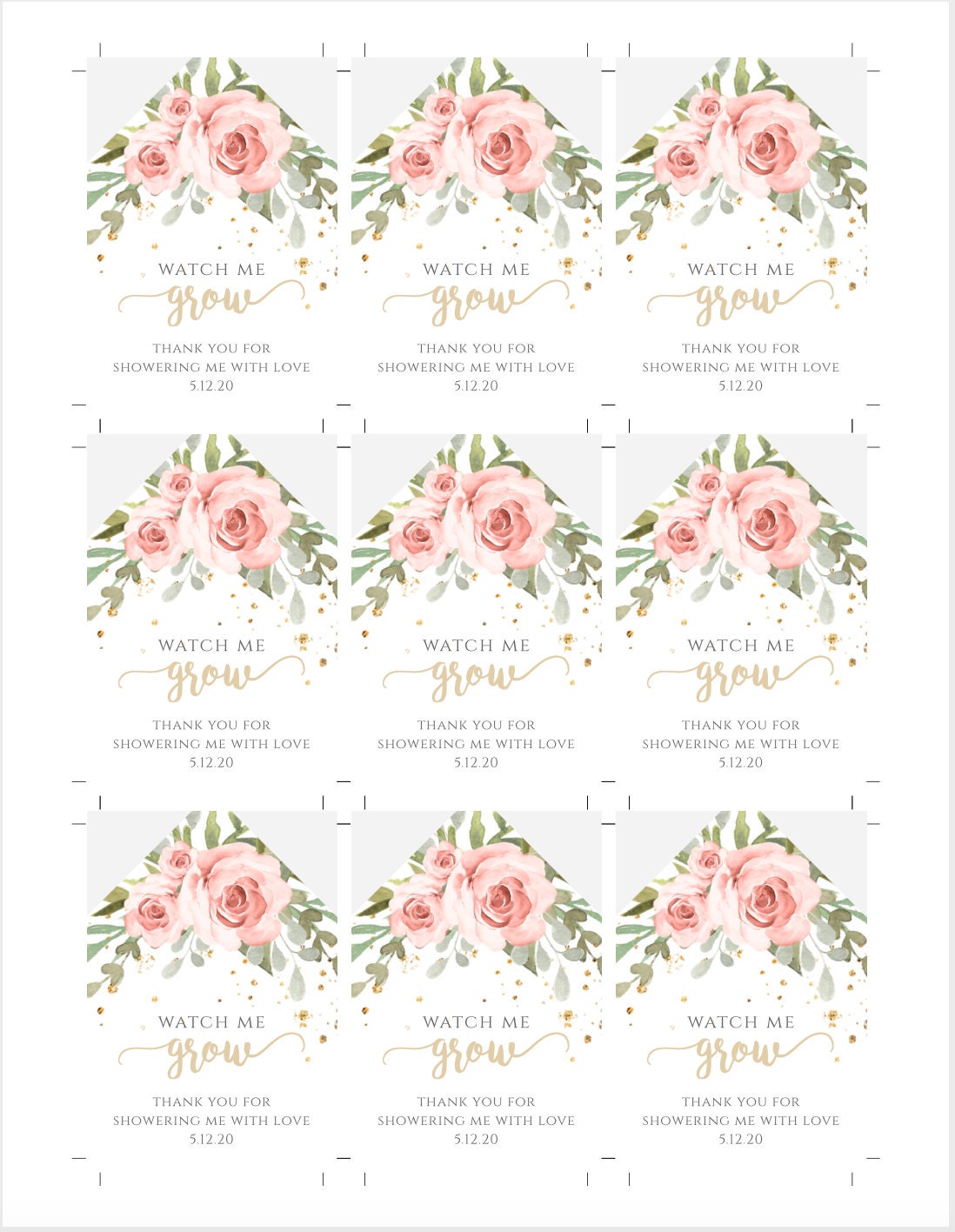 Pink Floral Favor Tag Watch Me Grow Template Blush Pink Tag - Etsy