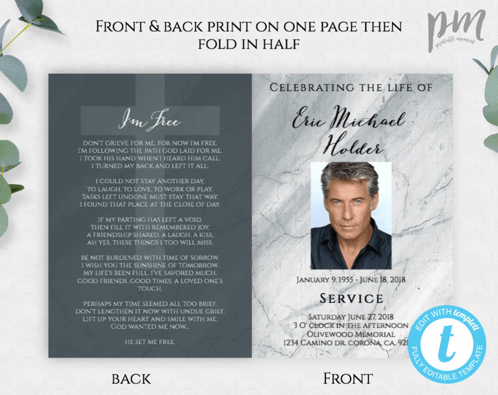 Men's Funeral Program With Cross, Editable Memorial Program Template ...