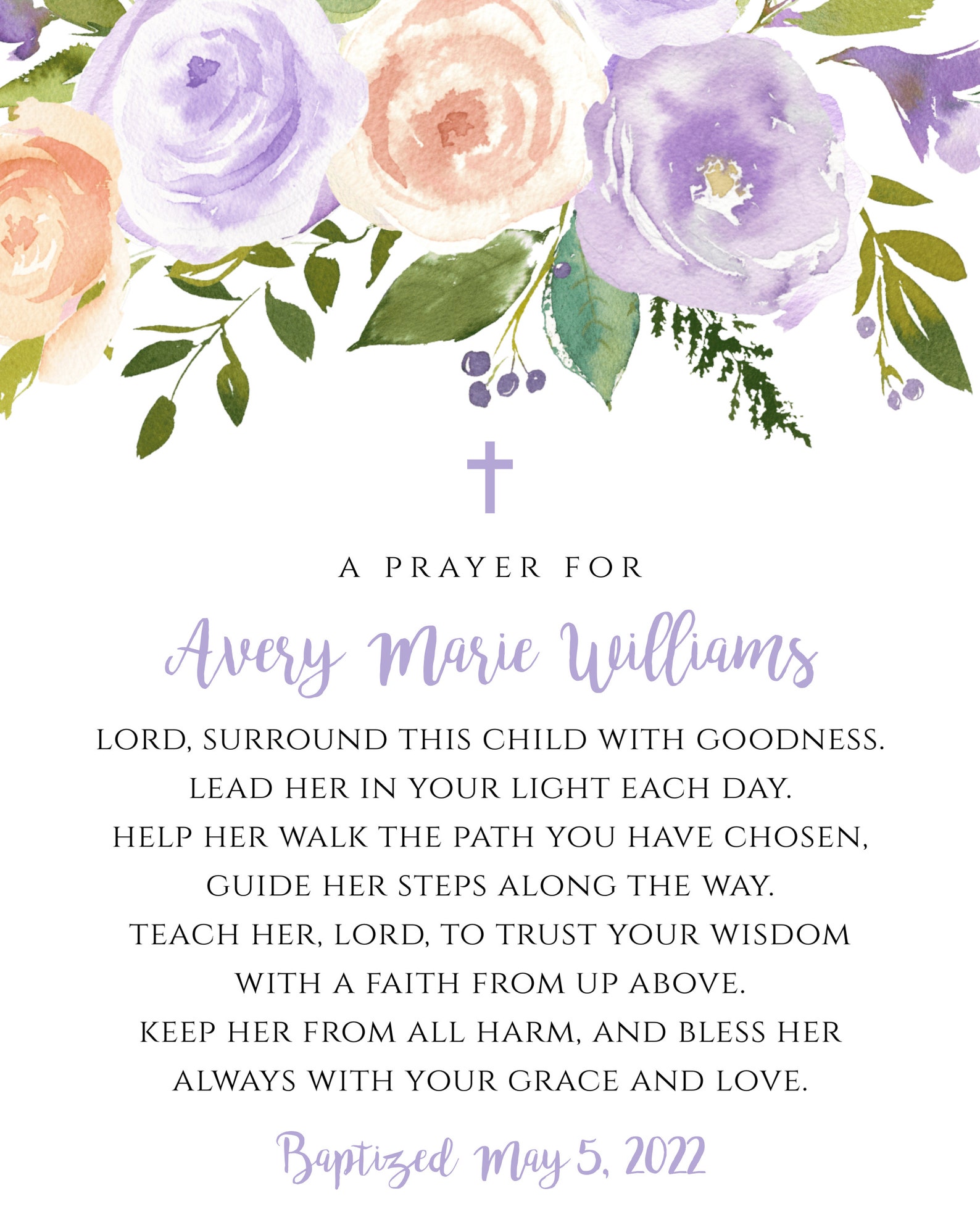 Personalized Prayer Sign for Girl, Editable Purple Floral Sign, Baptism ...
