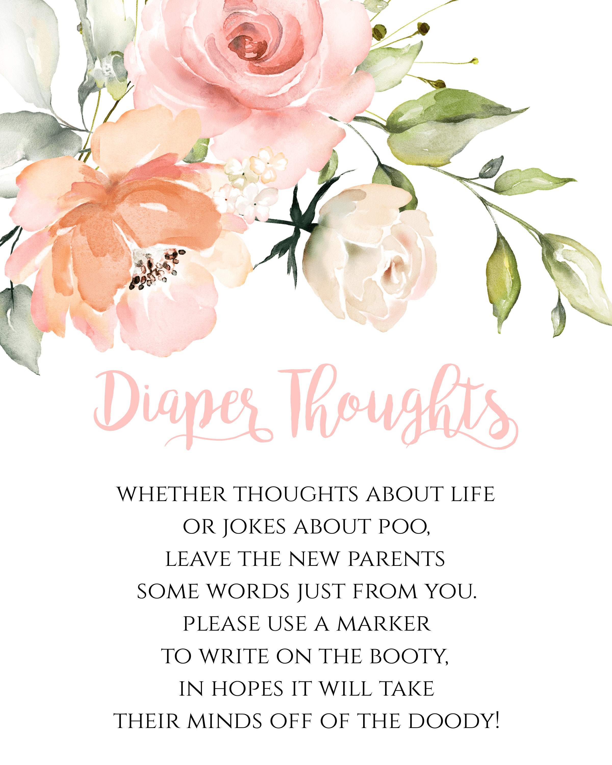 Peach Floral Diaper Thoughts Sign Template for Baby Shower, Tea Party ...