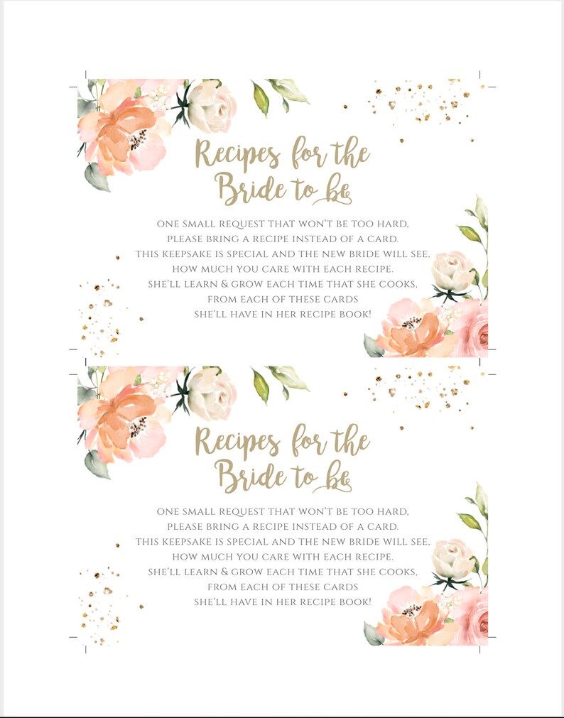 Recipe Request Card Template, Peach Floral Bridal Shower Enclosure Card ...