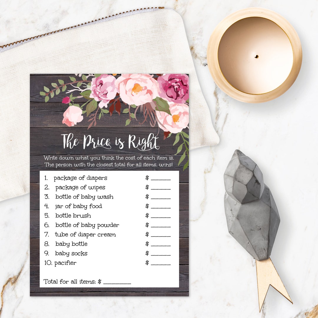 The Price is Right Game Template, Rustic Floral Baby Shower Game ...