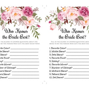 Pink Floral Who Knows the Bride Best Game Template for Bridal Shower ...