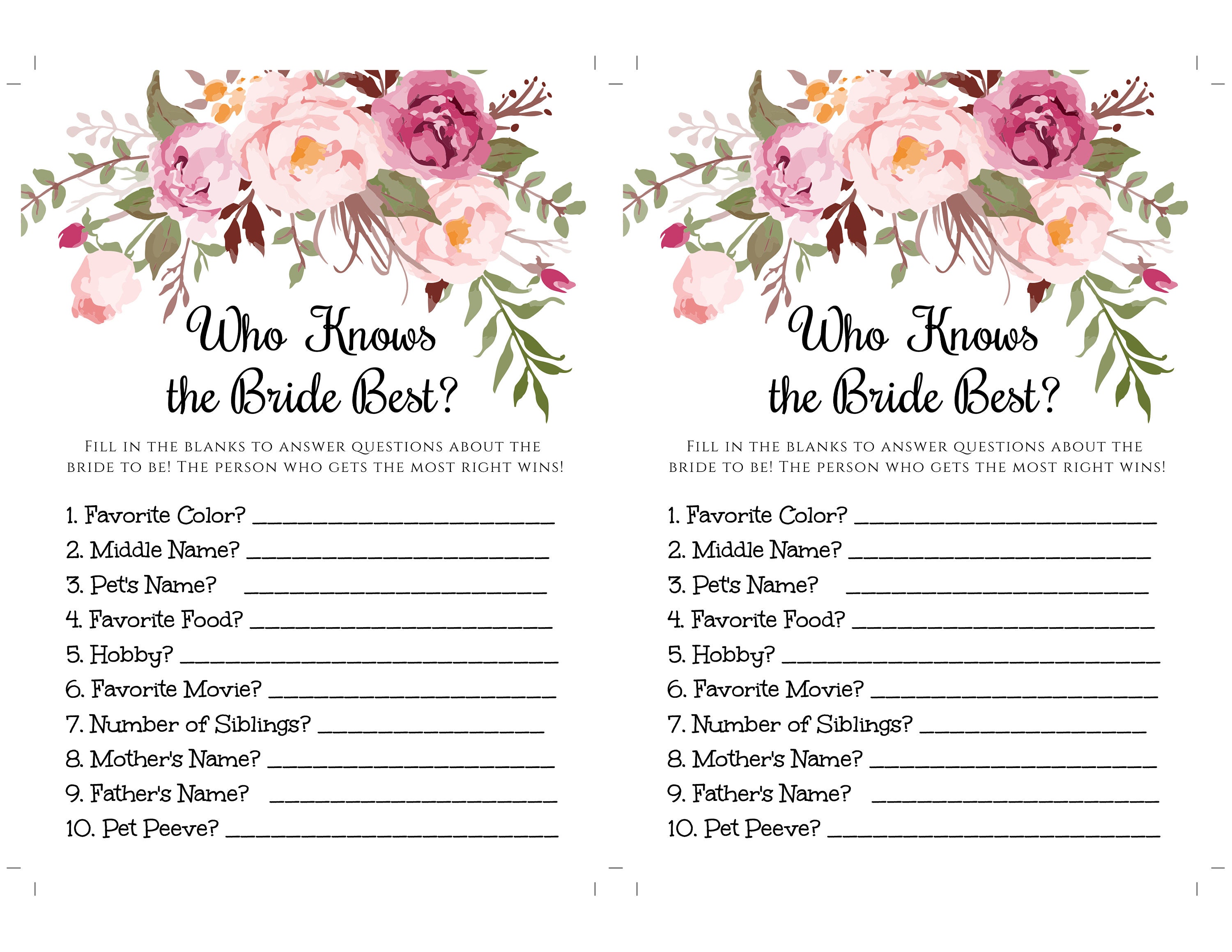 Pink Floral Who Knows the Bride Best Game Template for Bridal | Etsy
