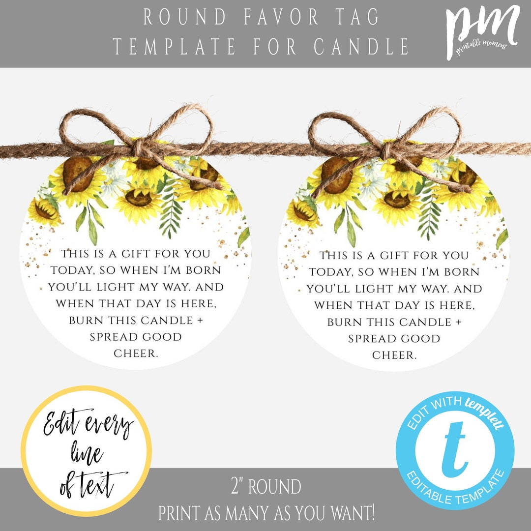 Favor Tag Template for Candle, 2" Round Sunflower Favor Tag, Candle Tag ...