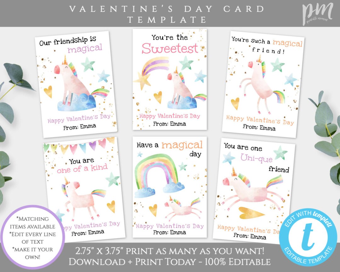 Unicorn Valentines Day Card Template, Unicorn Valentines Cards for Kids ...