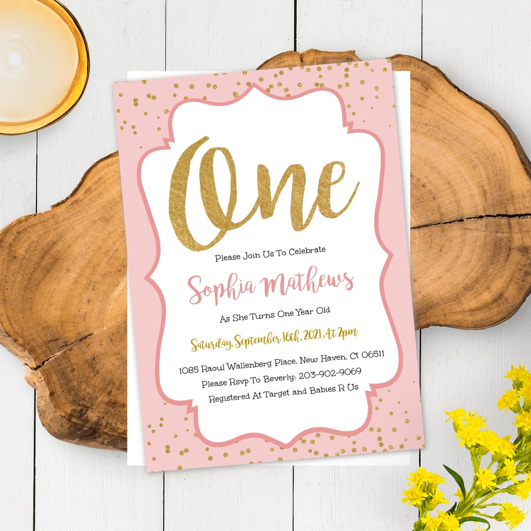 1st Birthday Invitation, First Birthday Invitation, Pink and Gold ...