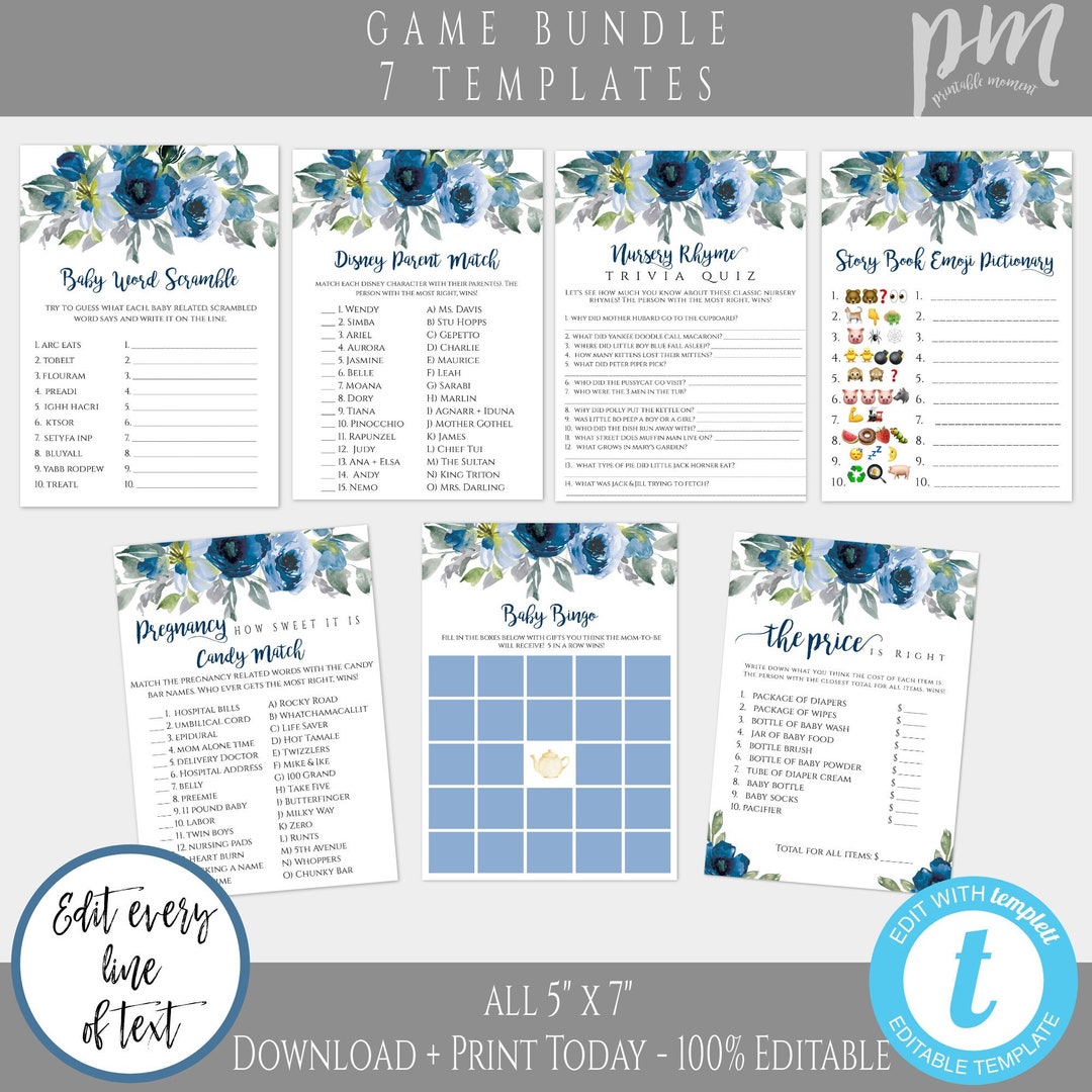 Blue Baby Shower Games Package Template, Games Bundle, Blue Floral Baby ...
