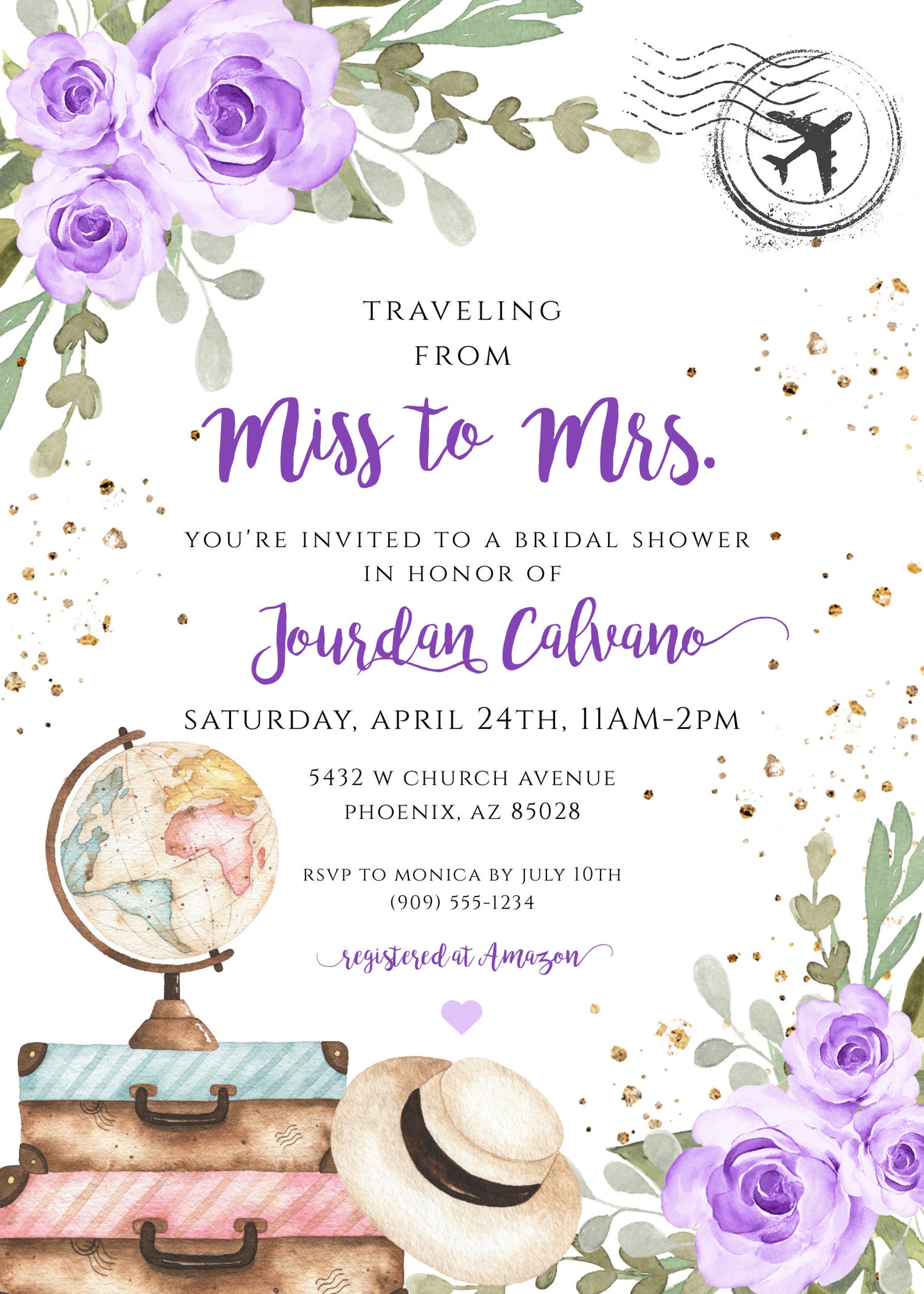 Traveling From Miss to Mrs Invitation Template Purple Floral - Etsy