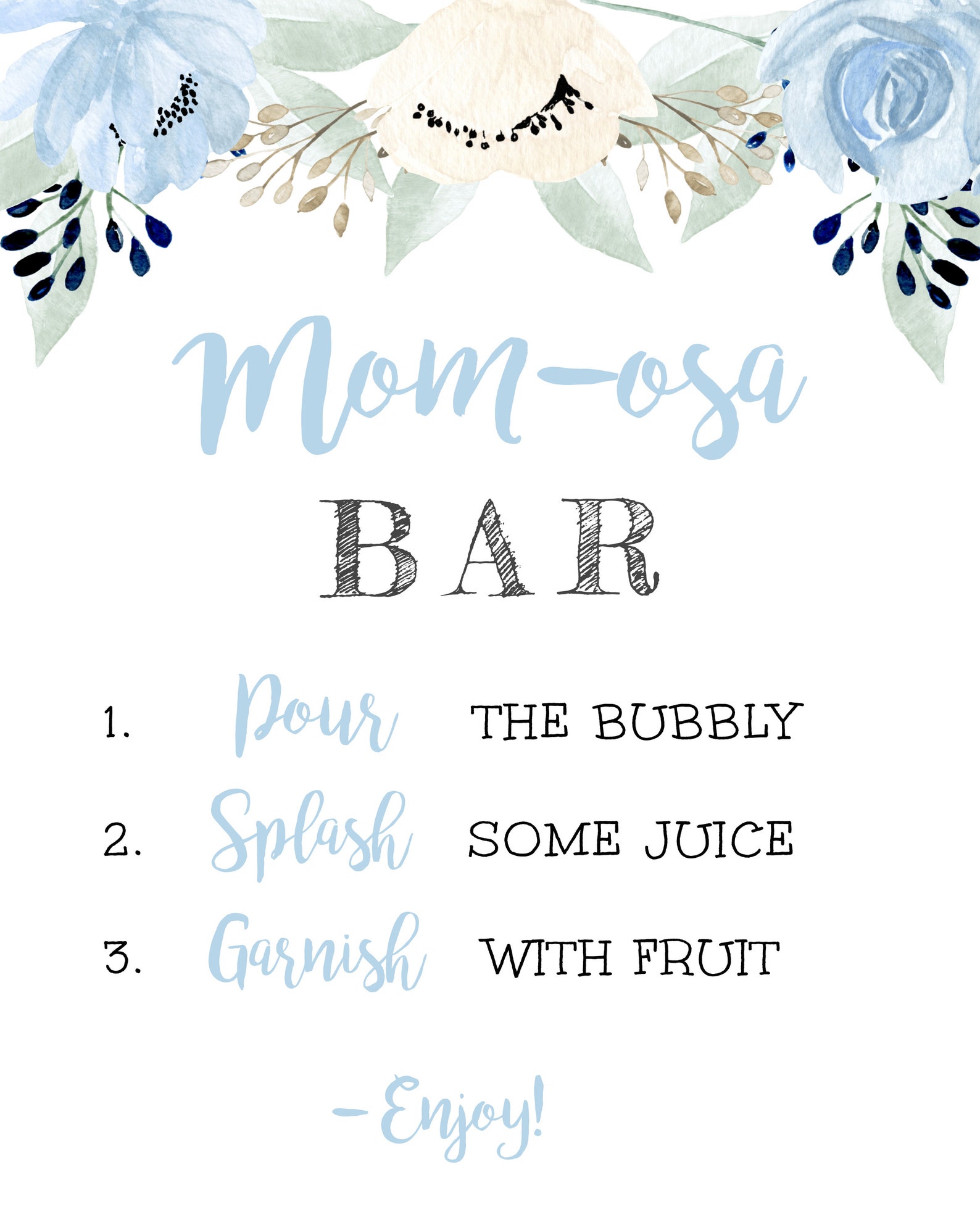 Mom-osa Bar Sign Template, Blue Floral Bridal Shower Mimosa Bar Sign ...