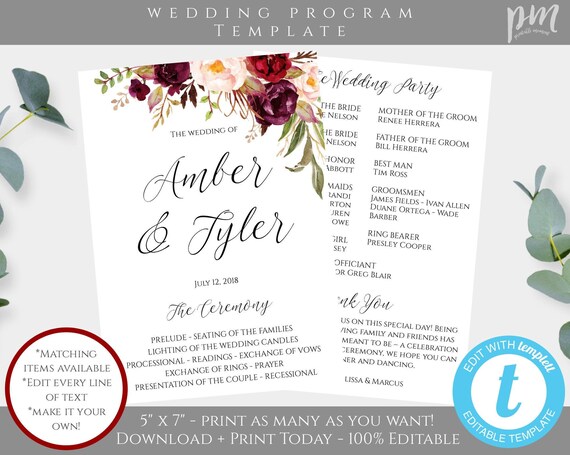 Burgundy Wedding Program Template Printable Order of - Etsy