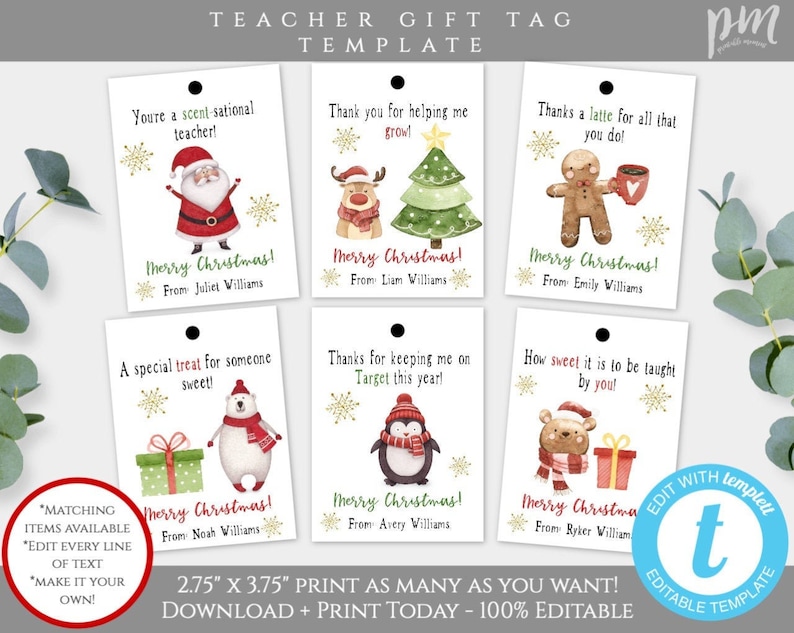 Printable Christmas Gift Tag Template for Teacher Merry - Etsy
