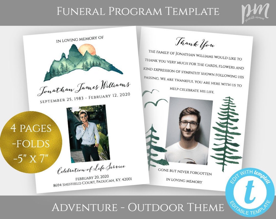 Funeral Program Template for Him, Men's Outdoor Theme Memorial Program ...