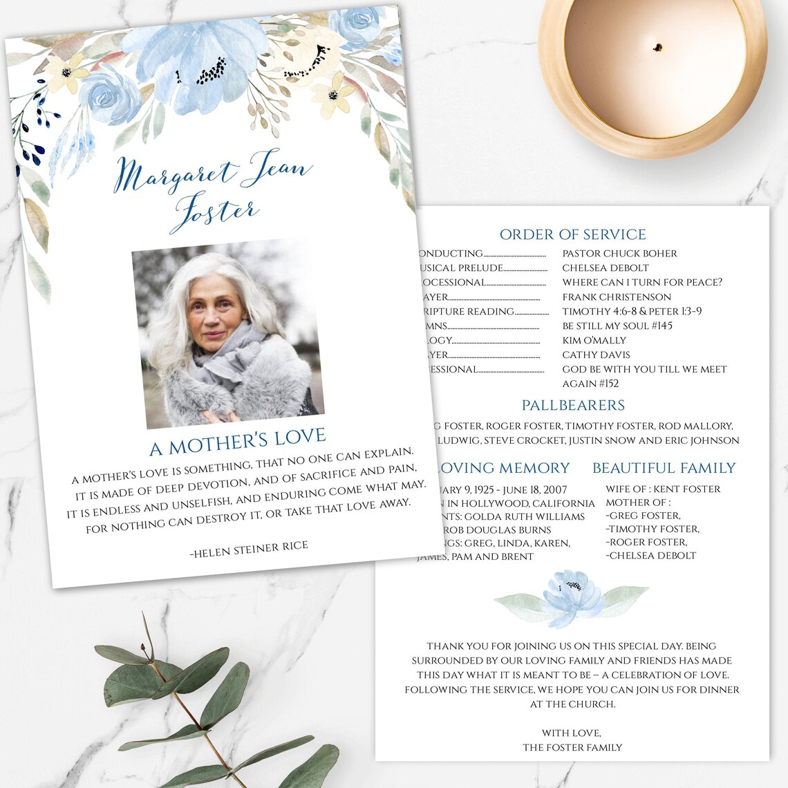 Blue Funeral Program Template Editable Blue Floral Order of - Etsy