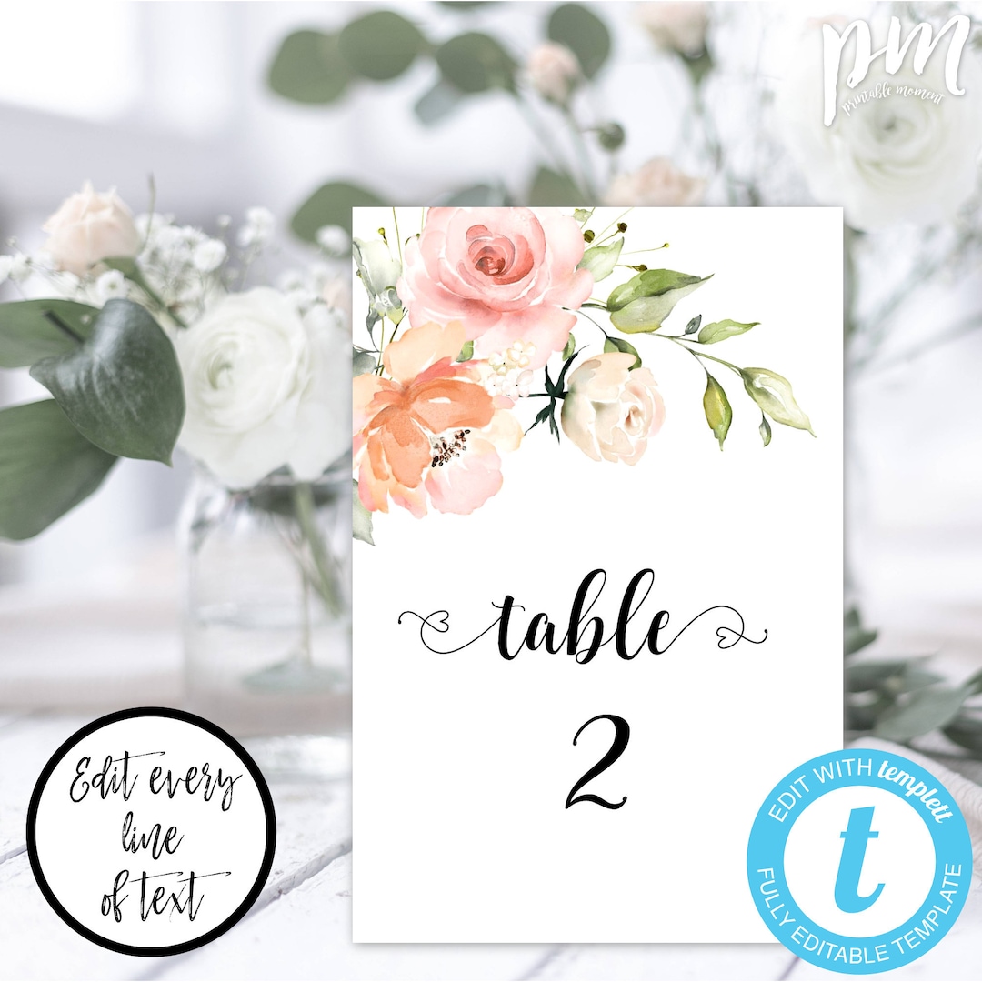 Peach + Blush Pink Floral Wedding Table Number Template, Watercolor ...