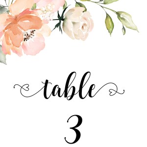 Peach + Blush Pink Floral Wedding Table Number Template, Watercolor ...