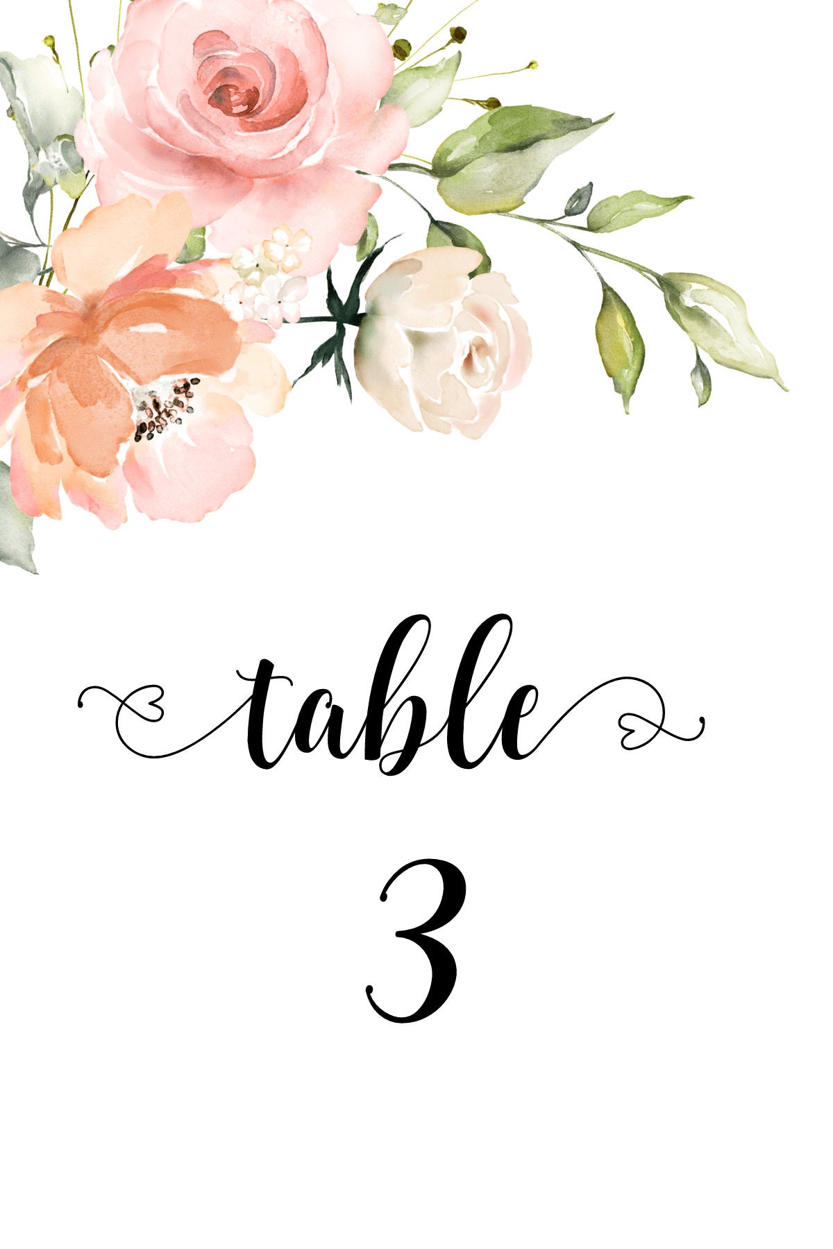 Peach + Blush Pink Floral Wedding Table Number Template, Watercolor ...