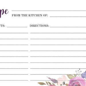 Purple Floral Recipe Card Template, Bridal Shower Recipe Card ...