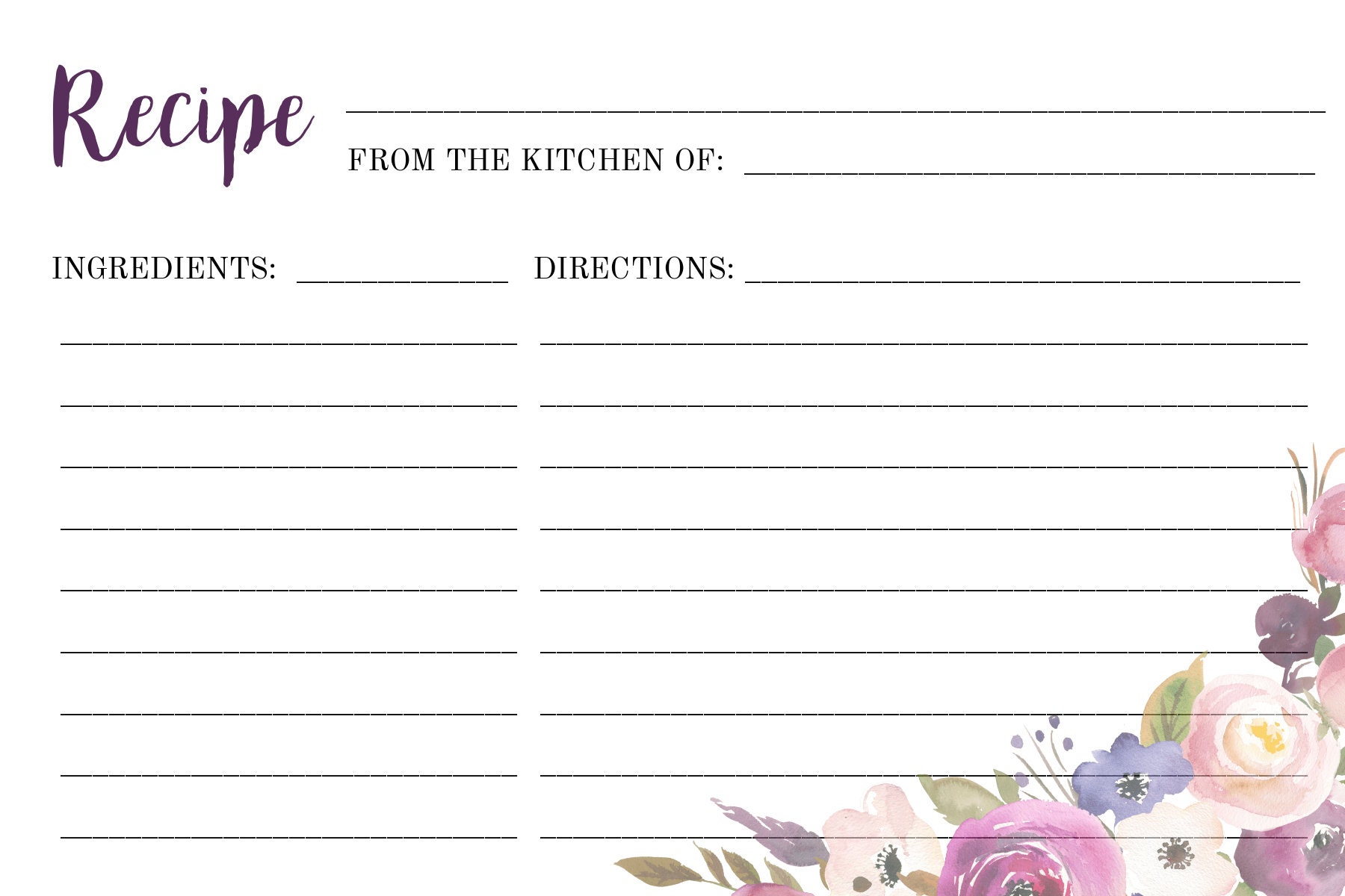 Purple Floral Recipe Card Template Bridal Shower Recipe Card | Etsy