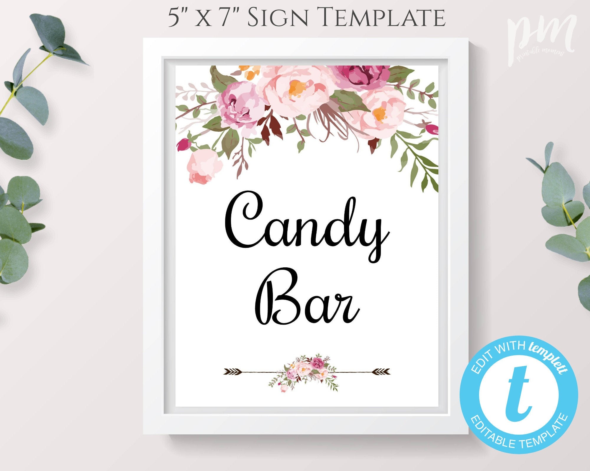 Pink Floral Candy Bar Sign Template 5 X 7 | Etsy