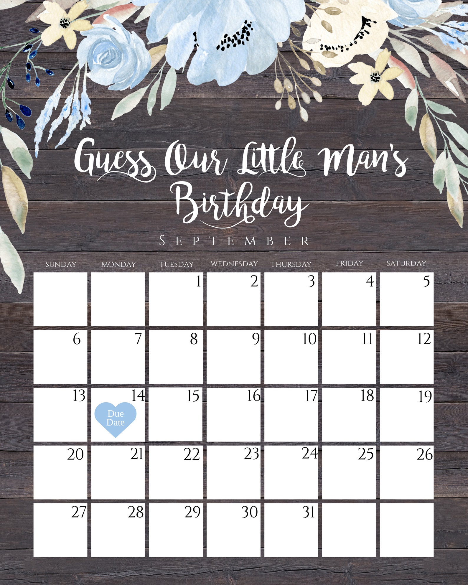Rustic Blue Floral Due Date Calendar Template Baby Shower - Etsy