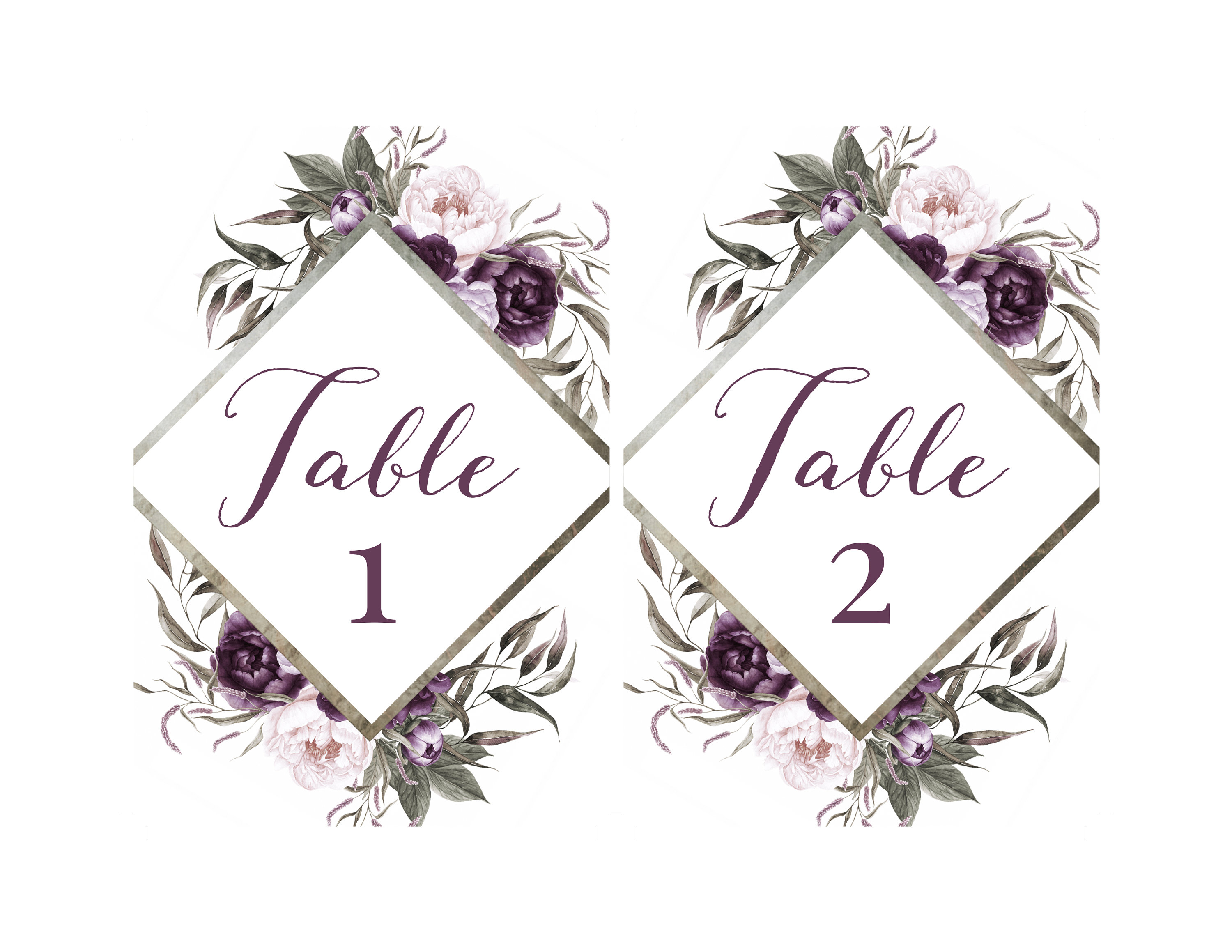 Purple Table Number Template, Plum Table Number Cards, Lavender Wedding ...
