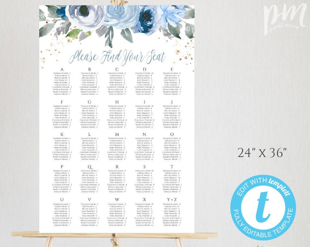 Blue Floral Wedding Seating Chart Sign Template, Alphabetical Order ...