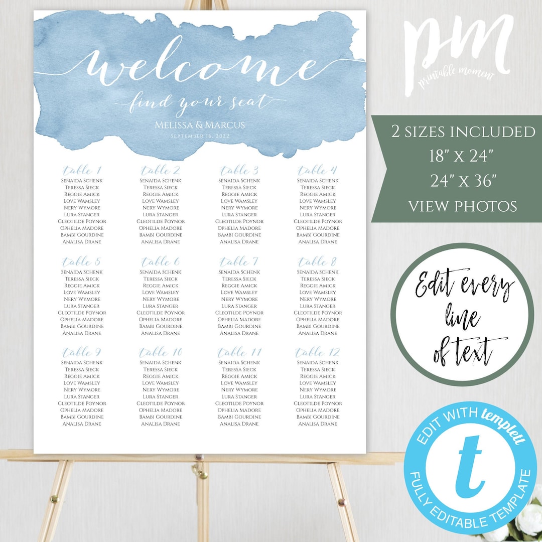 Dusty Blue Watercolor Wedding Seating Chart Template, DIY Editable ...