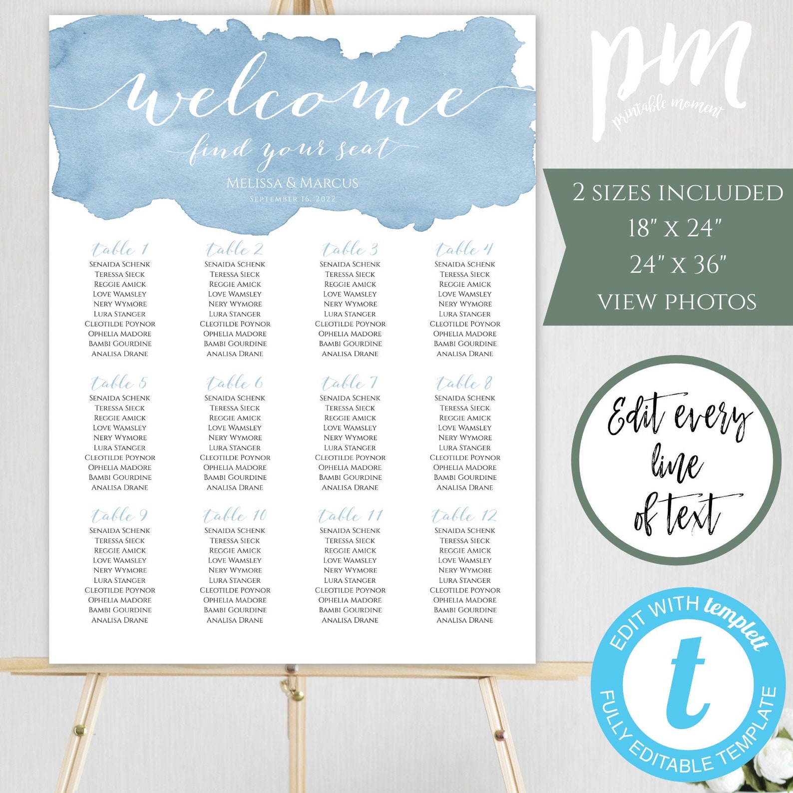 Dusty Blue Watercolor Wedding Seating Chart Template, DIY Editable ...