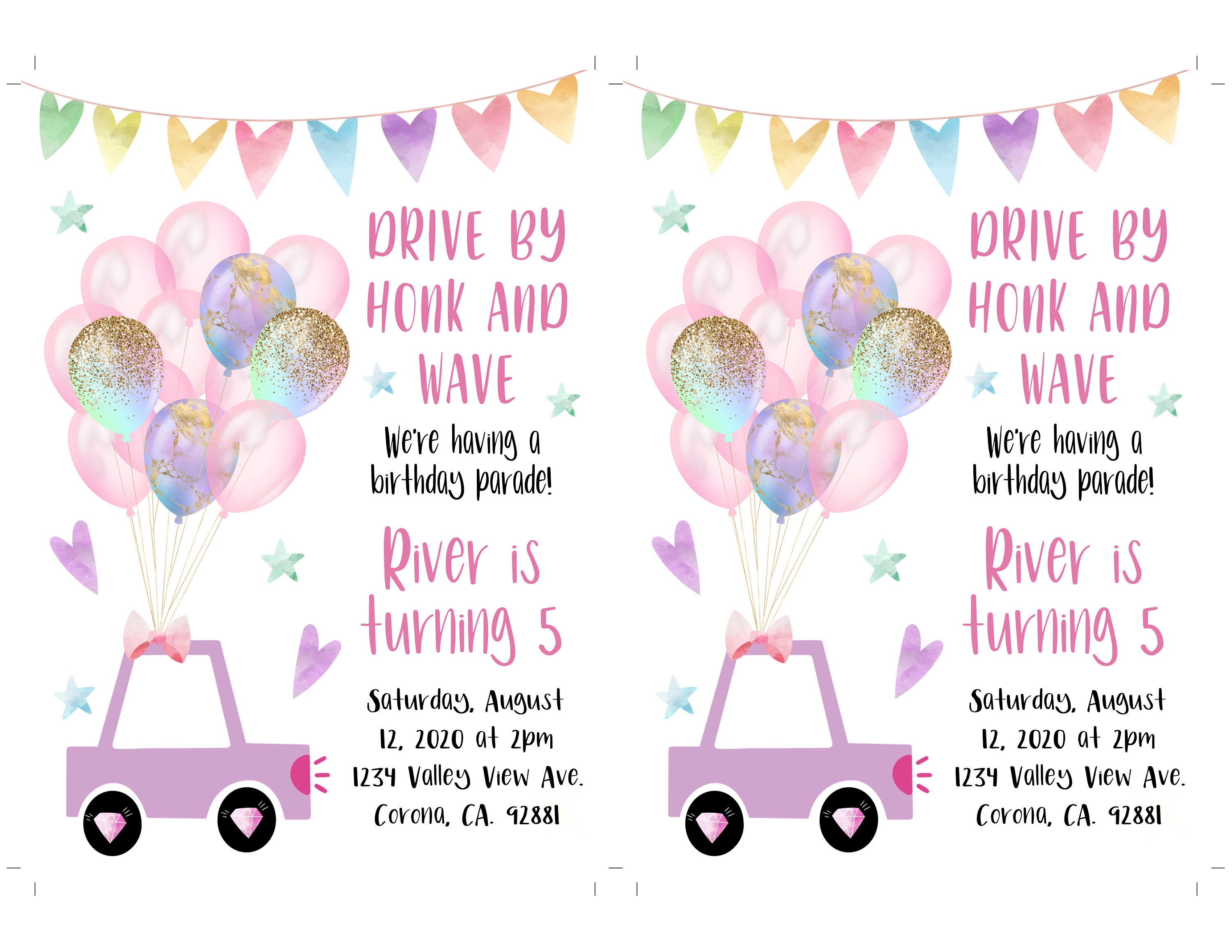 Pink Drive by Kid's Birthday Parade Invitation Template - Etsy