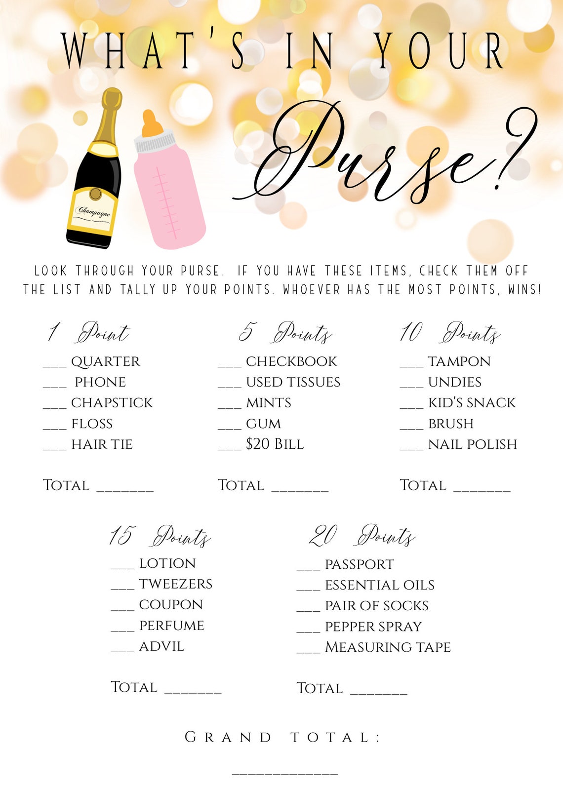 What's in Your Purse Poppin' Bottles Baby Shower Game - Etsy