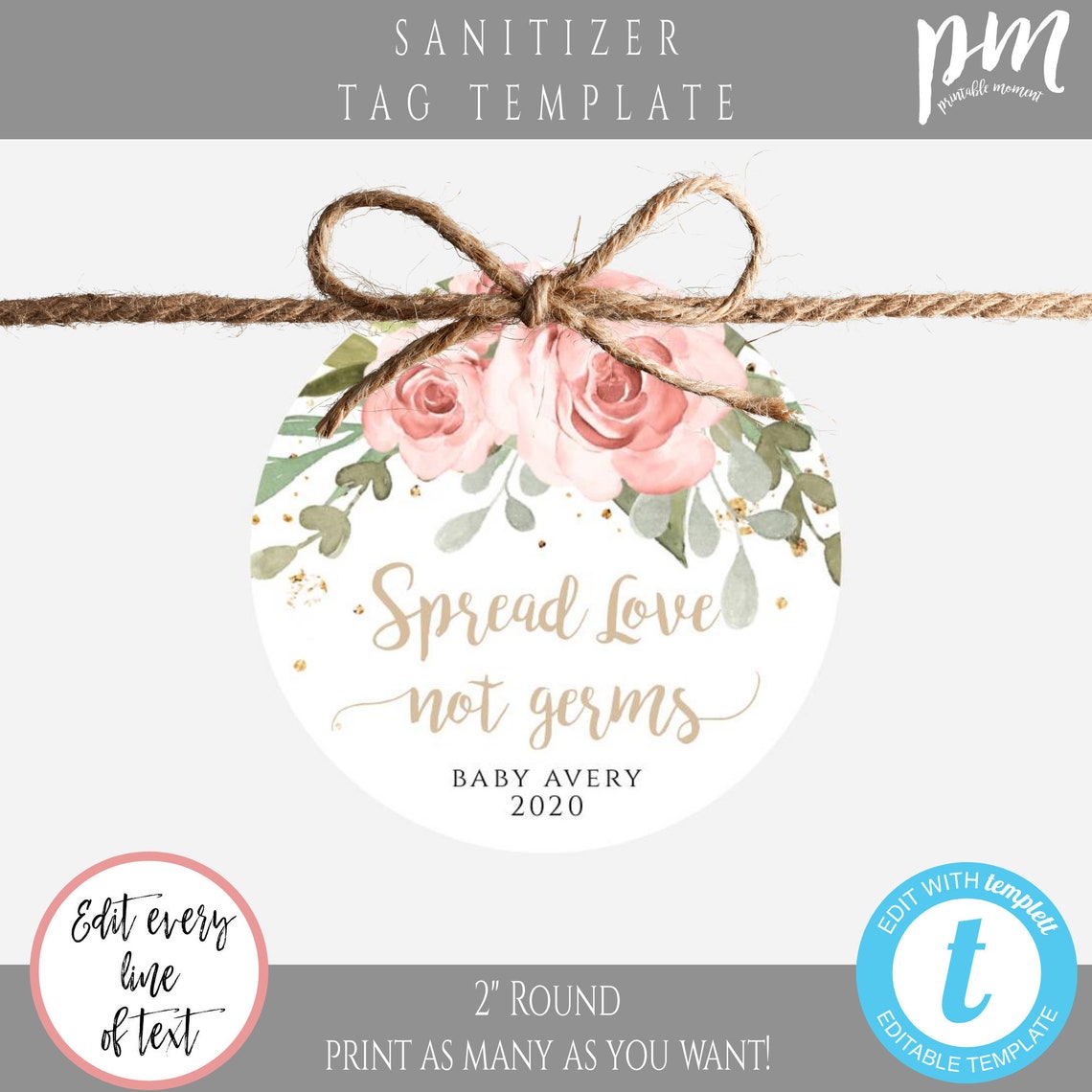 Editable Sanitizer Tag or Sticker Template, 2" Round Pink Floral Favor ...