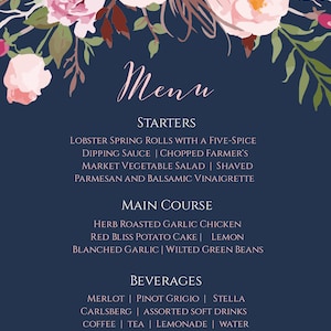 Blue + Pink Wedding Dinner Menu Template, Printable Food Menu Sign ...