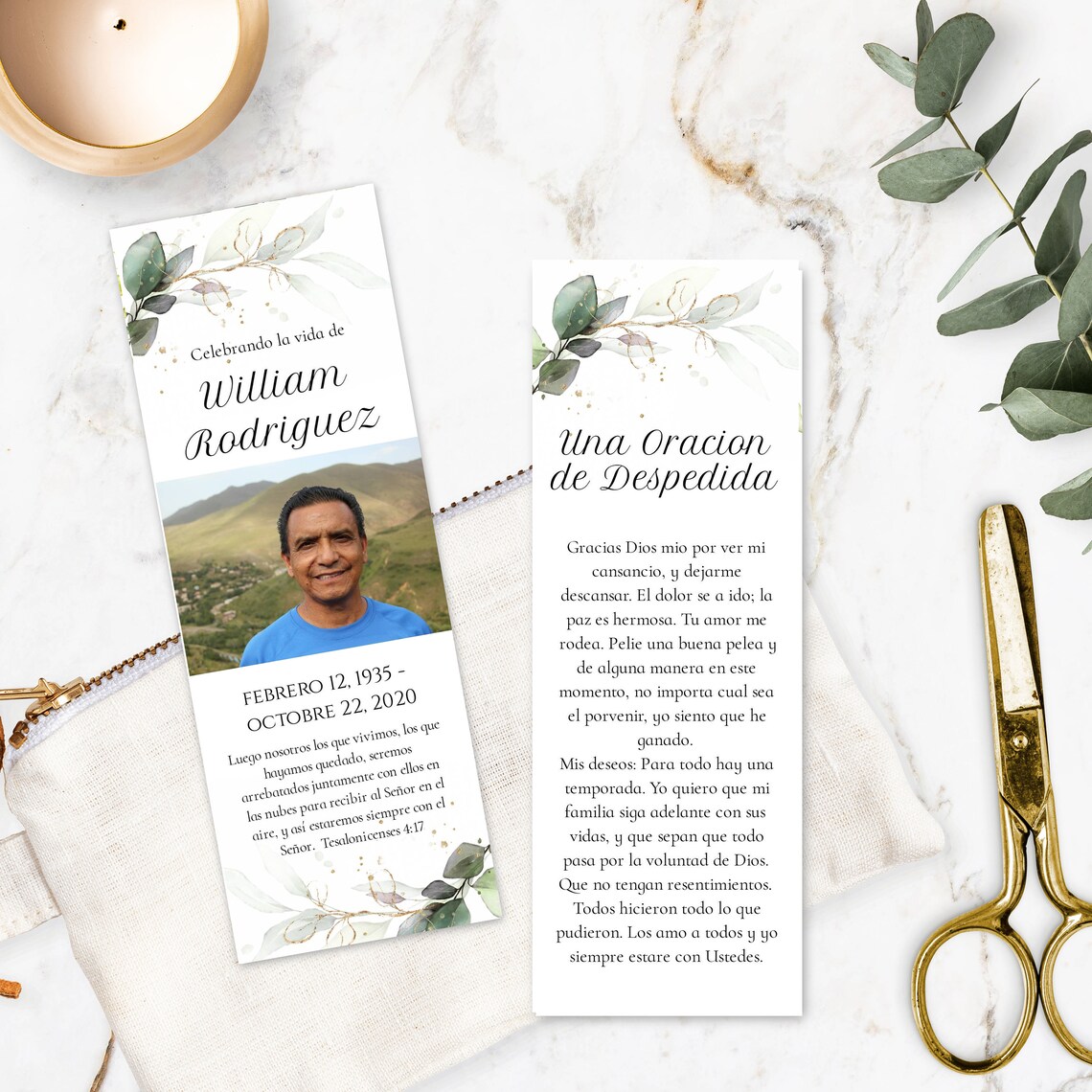 Editable Spanish Bookmark for Funeral, Personalized Greenery Bookmark ...