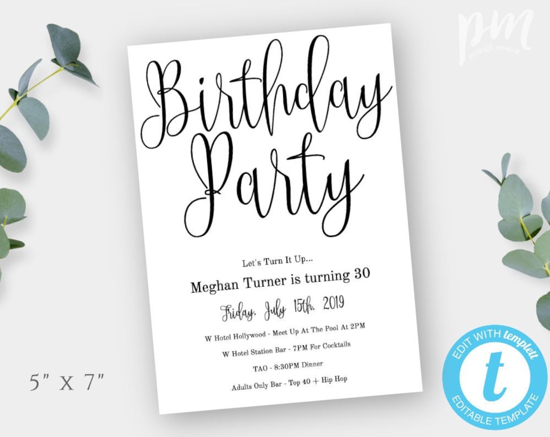 Birthday Invitation Template, Script Birthday Invitation, Edit + Print ...