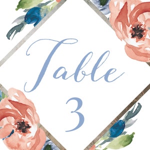 Blue & Coral Floral Table Number Template, Blue and Peach Table Number ...