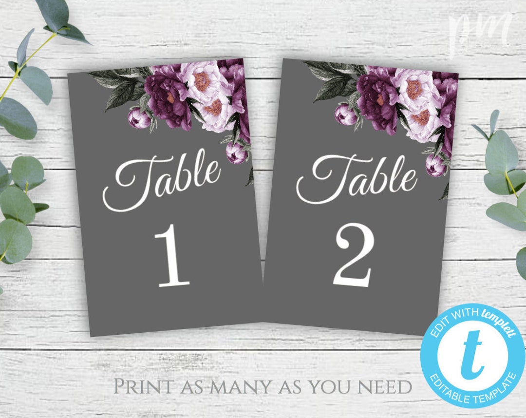 Gray and Plum Table Number Template, Purple Floral Table Numbers, Edit ...