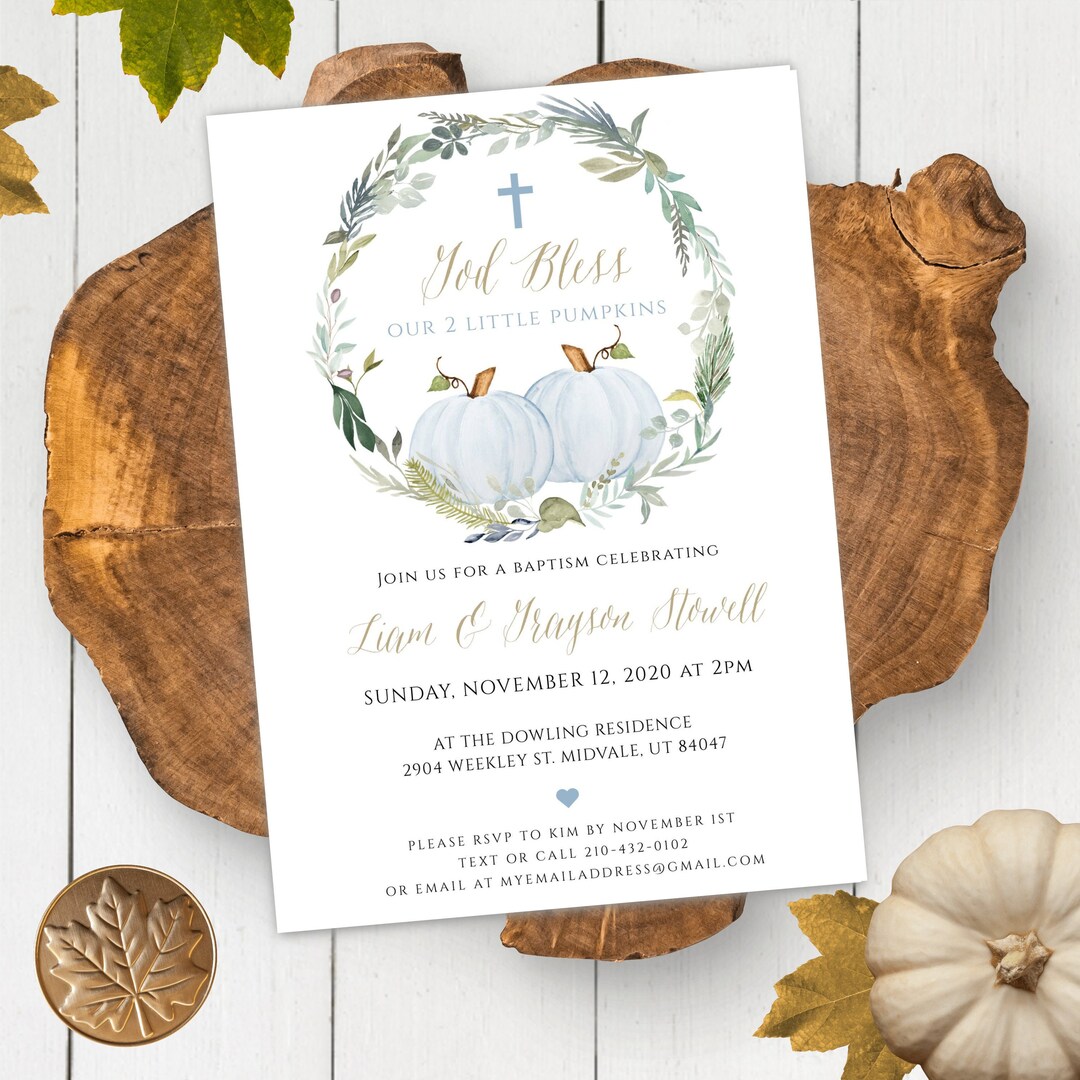 God Bless Our 2 Little Pumpkins Baptism Invitation Template for Boy ...
