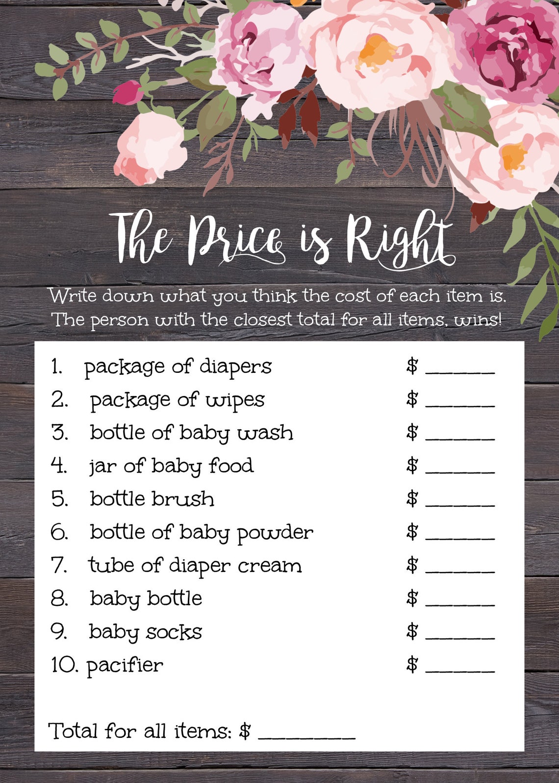 The Price is Right Game Template, Rustic Floral Baby Shower Game ...