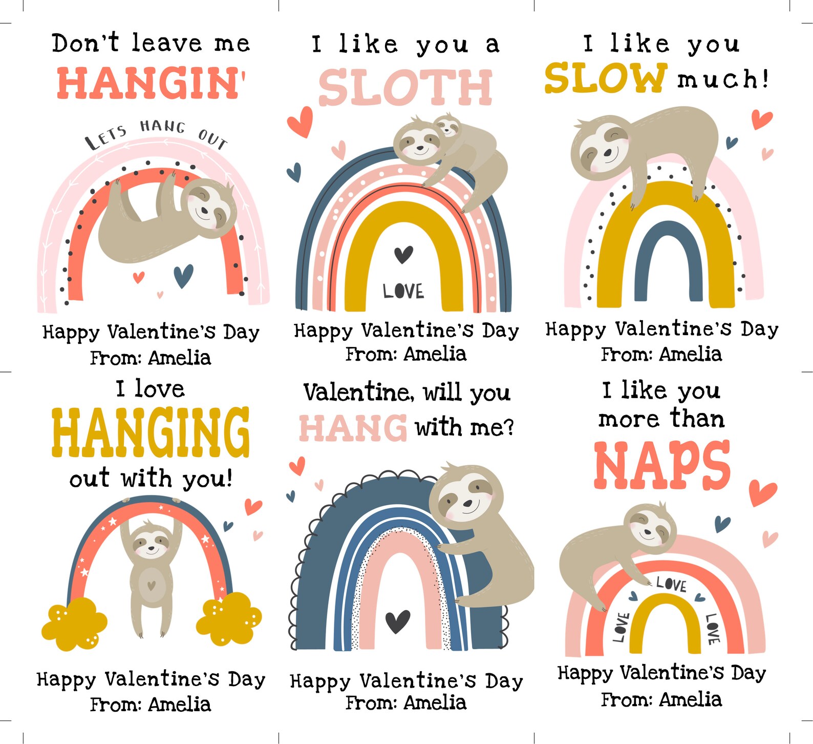 Sloth Valentines Day Card Template Rainbow Valentines Cards | Etsy